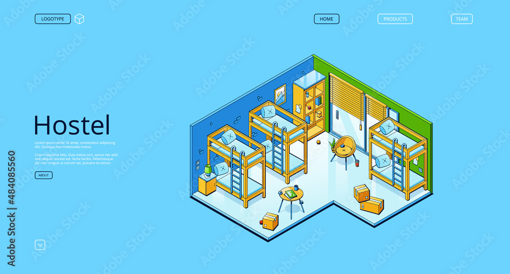 Hostel banner with isometric interior of bedroom in guesthouse. Vector ...