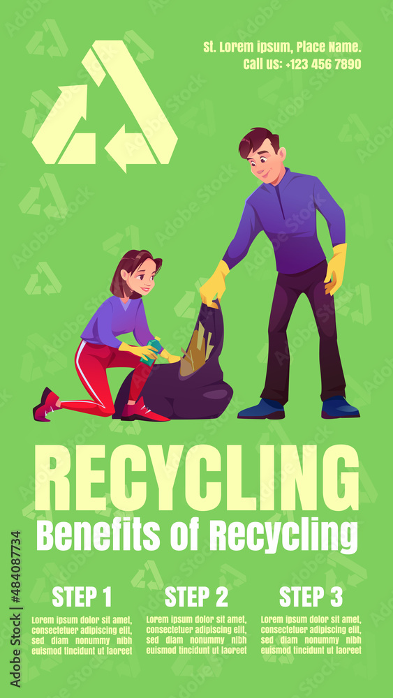 Benefits of recycling infographics poster with people clean up. Man and ...