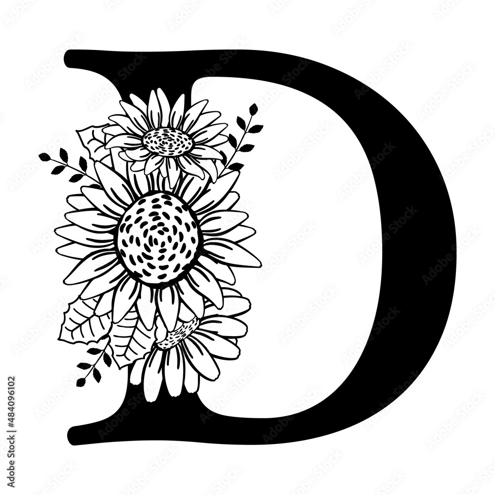 Capital letter D with flowers. Monogram, signature, title, screen ...