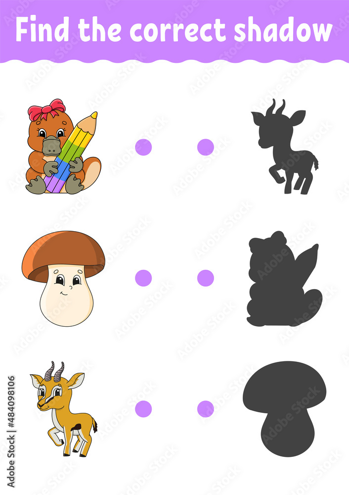 Find the correct shadow. Education developing worksheet. Matching game ...