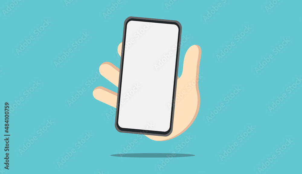 Cartoon hand holding smartphone isolated on blue background, Hand using ...