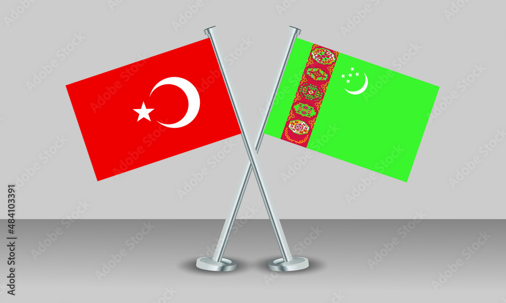 Crossed flags of Türkiye (Turkey) and Turkmenistan. Official colors ...