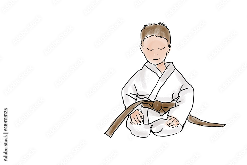 Hand drawing of little baby boy in karate kimono isolated on white ...