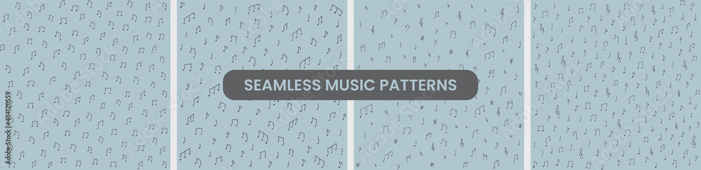 Four Seamless Vector Hand Drawn Music Note Background Patterns with ...