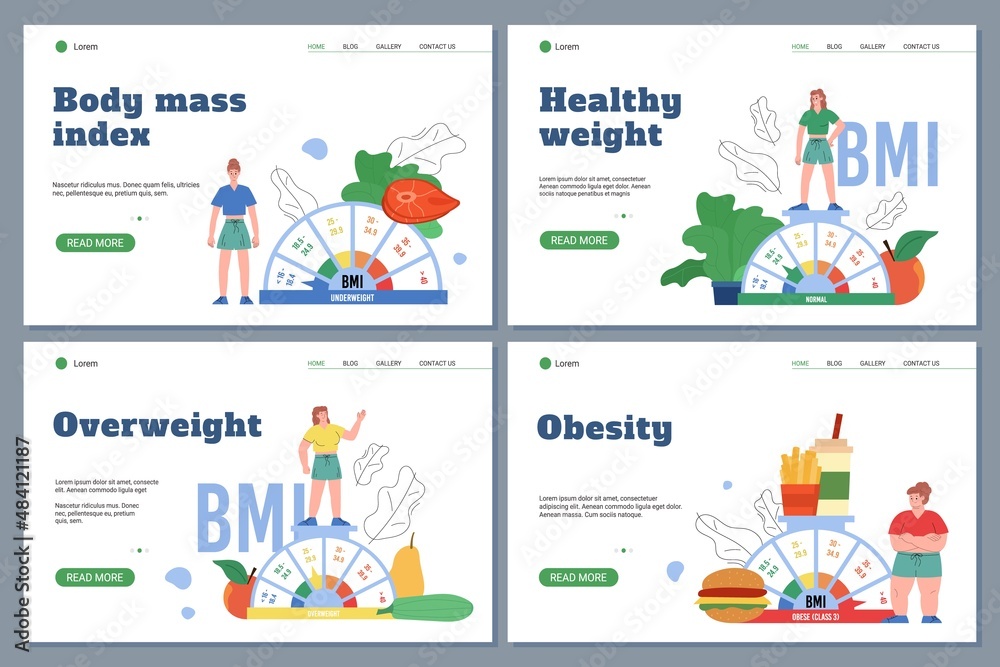 Woman body mass index web template set in flat vector illustration ...