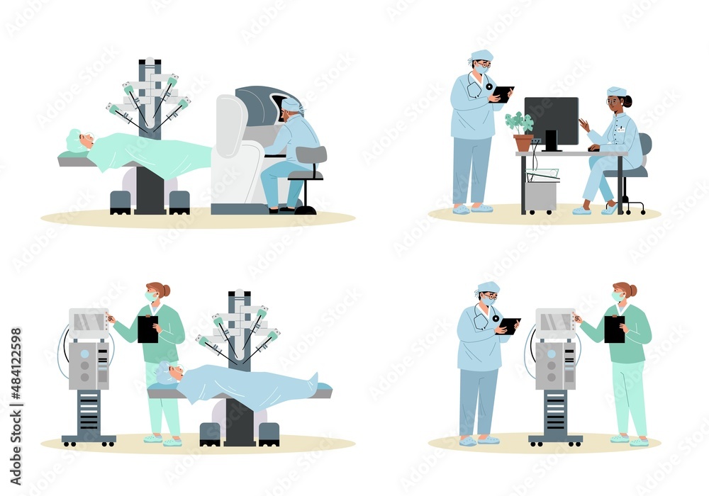 Robotic surgery set with medical staff characters vector illustration ...
