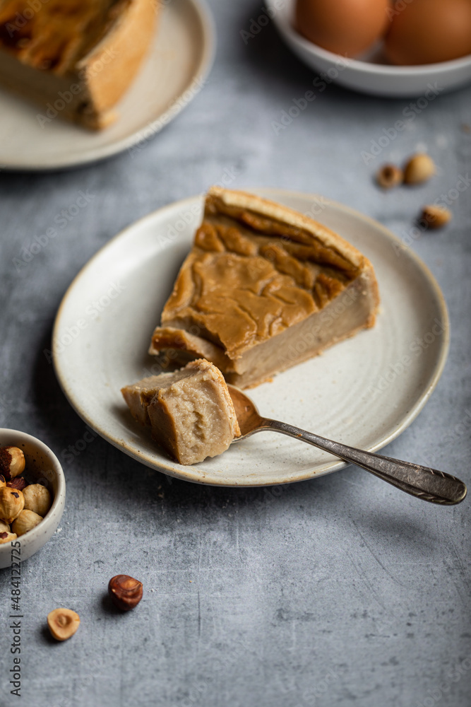 part de flan pâtissier fait maison à la noisette Stock Photo | Adobe Stock
