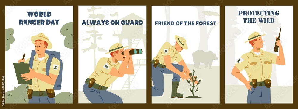Cartoon character forest ranger in uniform protects wild life in flat ...