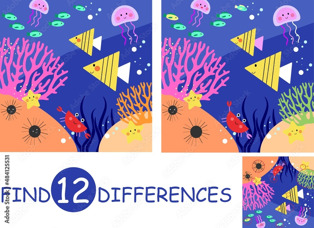 Game Find 12 differences for children. Sea inhabitants in cartoon style ...