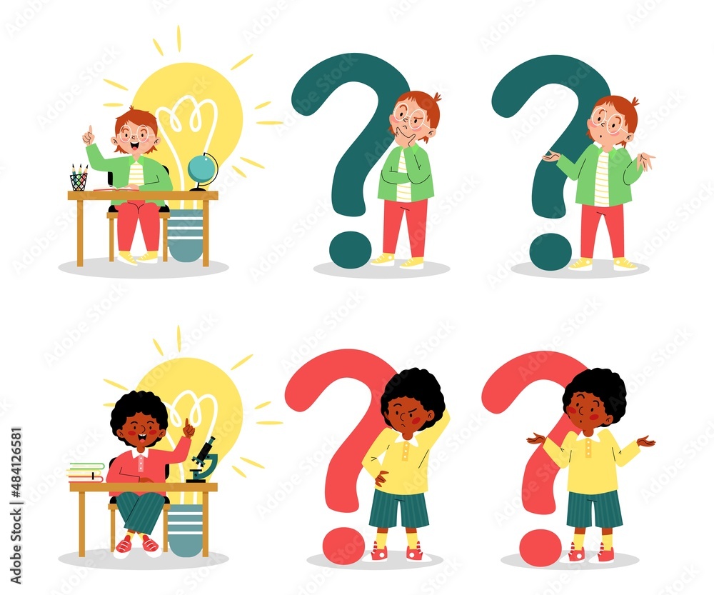 Curious and confused school boys thinking about the problem, cartoon ...