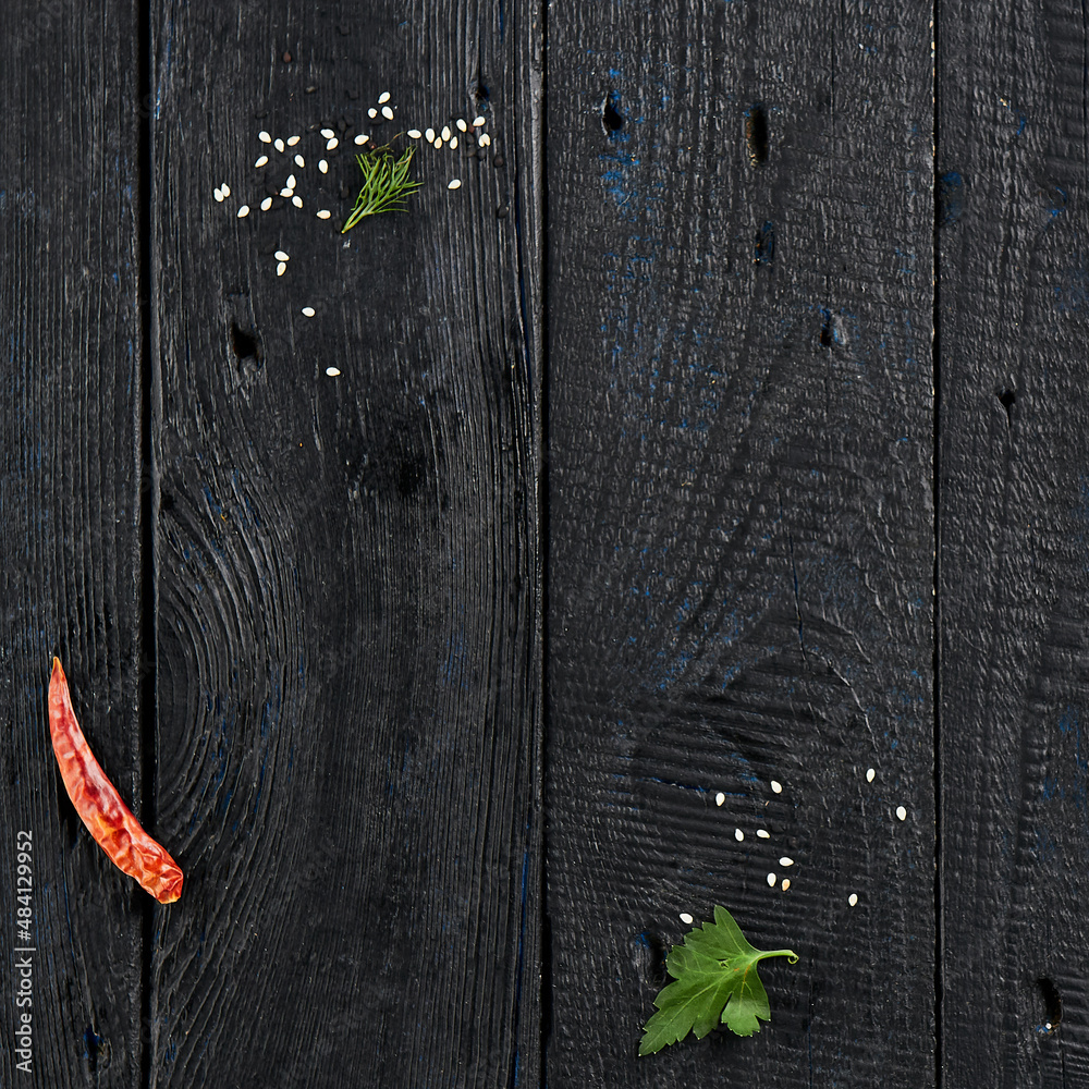 Black wood background. Food ingredient background with copy space. Dark ...