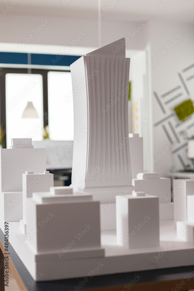 Closeup of 3D white foam architectural scale model of skyscraper ...