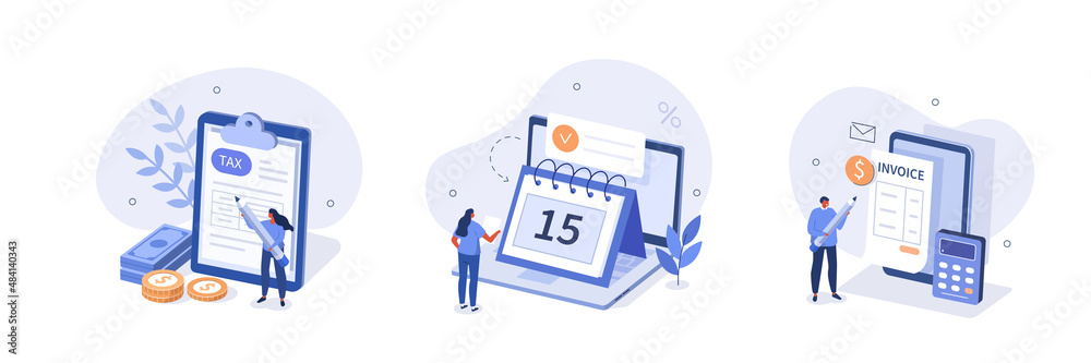 Tax time illustration set. Characters preparing documents for tax ...