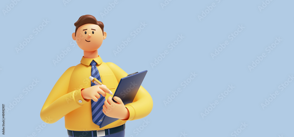 3d render. Cartoon character young caucasian man isolated on blue ...