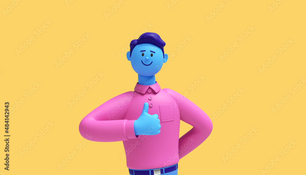 3d render. Cartoon character smiling guy with blue skin wears pink ...