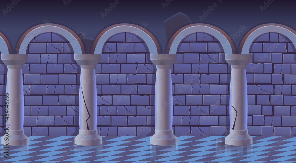 Arcade with columns with stone wall and marble floor. Stone arch vector ...