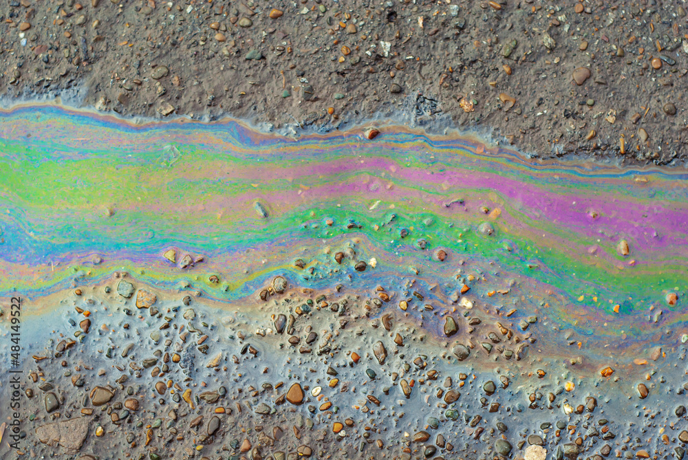 Oil stains on wet asphalt. Puddles are contaminated with multicolored ...