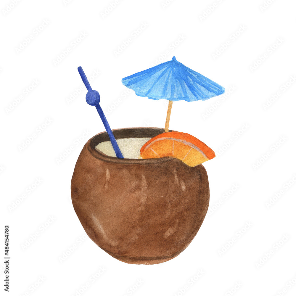 Coconut cocktail with a straw and an umbrella, highlighted on white. A ...
