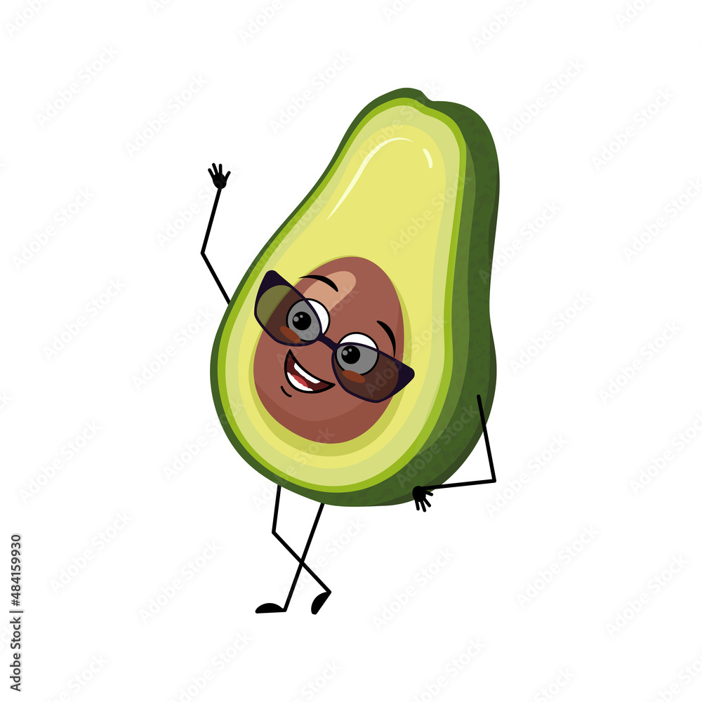 Avocado character with happy emotion with glasses, joyful face, smile ...