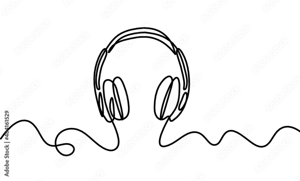 Abstract headphones as continuous lines drawing on white background ...