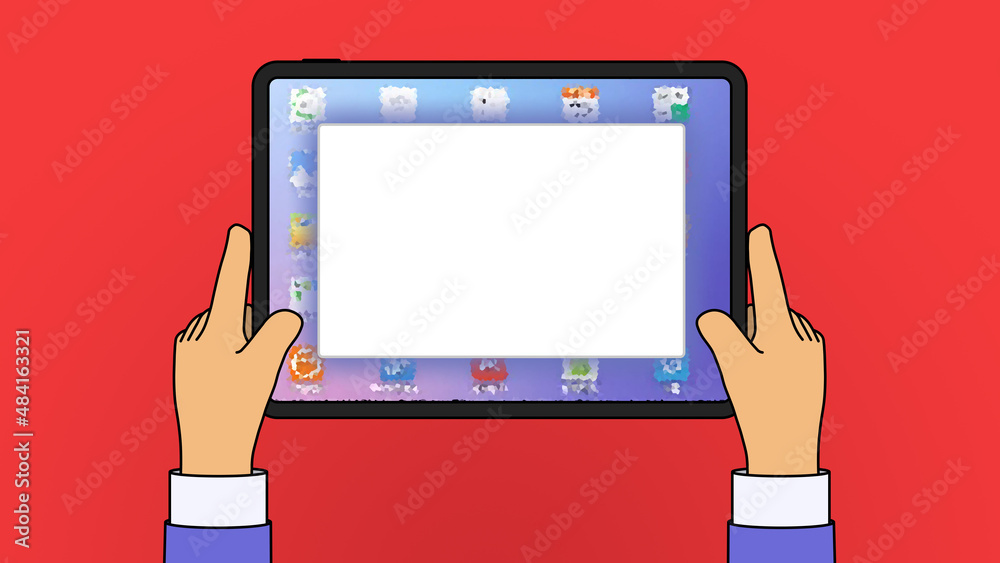 Cartoon male hands hold tablet on red gradient background with pop up ...