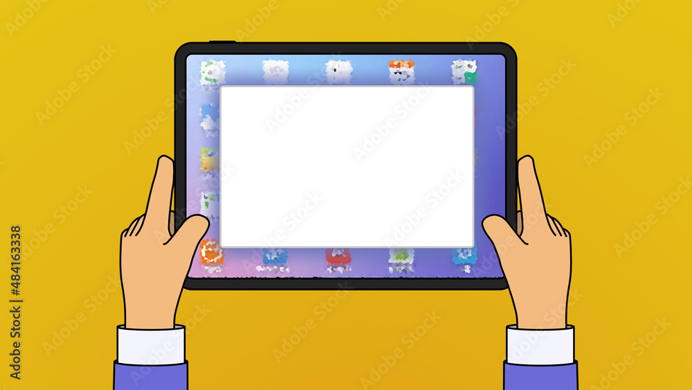 Cartoon male hands hold tablet on yellow gradient background with pop ...