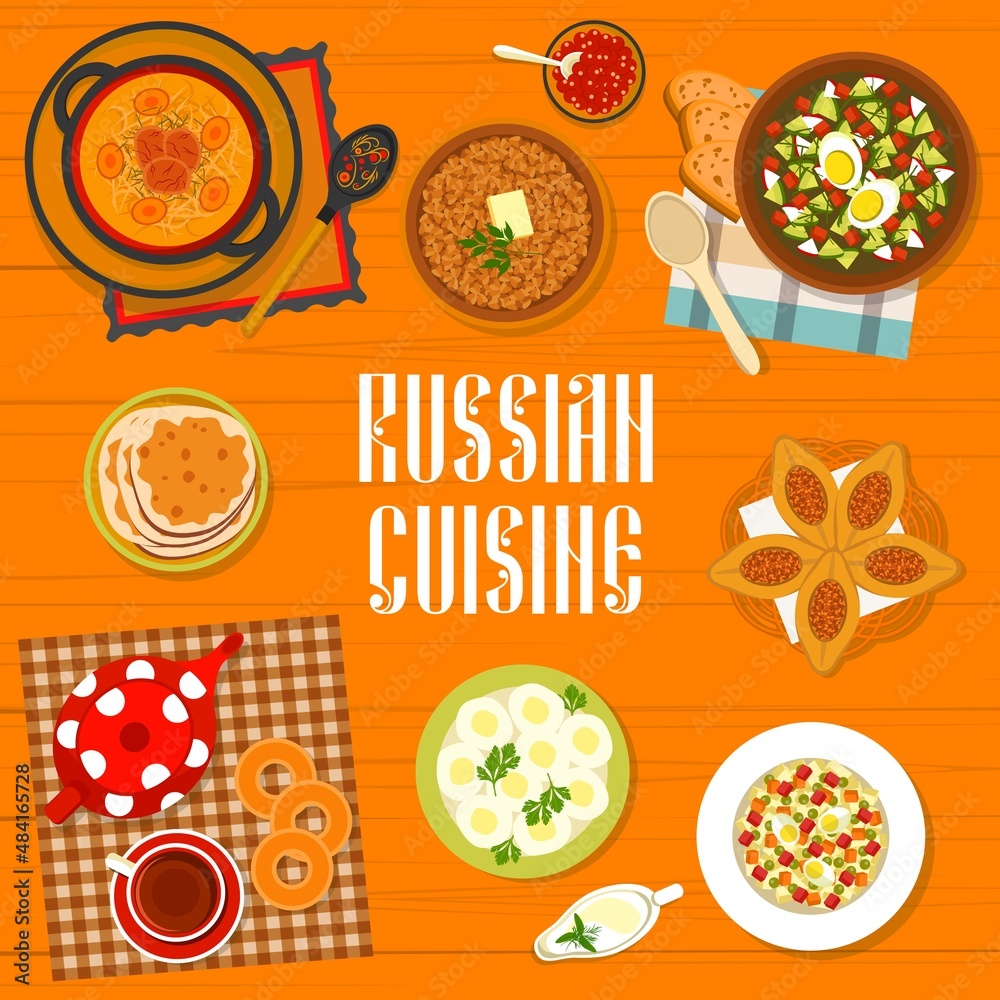 Russian cuisine menu cover, food dishes of Russia and restaurant meals ...