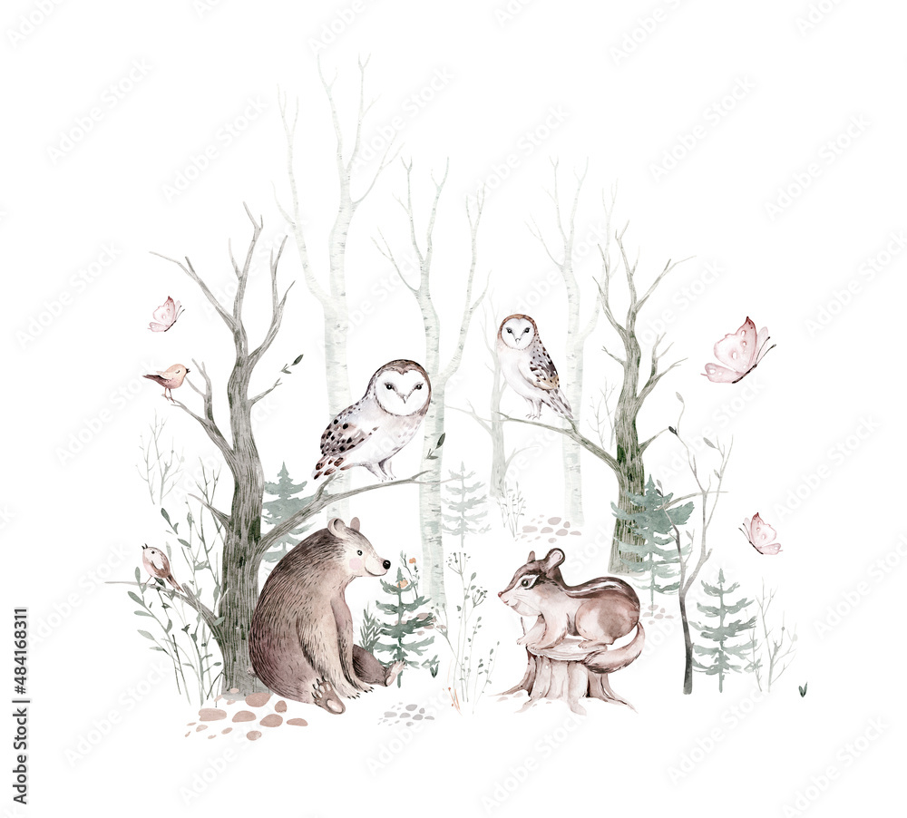 Woodland animals set. Owl, hedgehog, fox and butterfly, Bunny rabbit ...