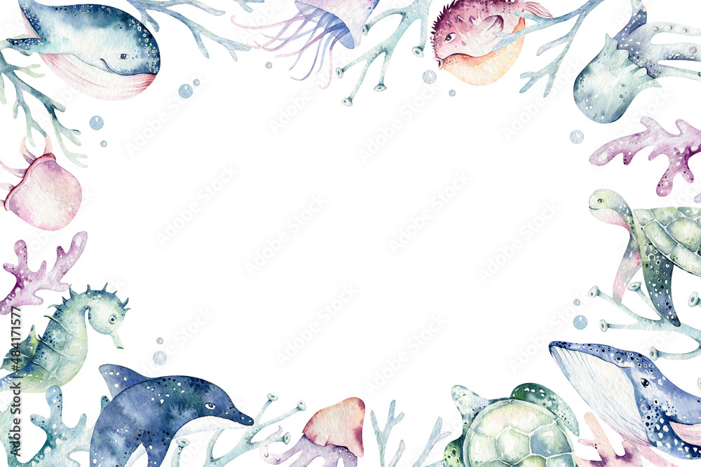 Set of sea animals. Blue watercolor ocean fish, turtle, whale and coral ...
