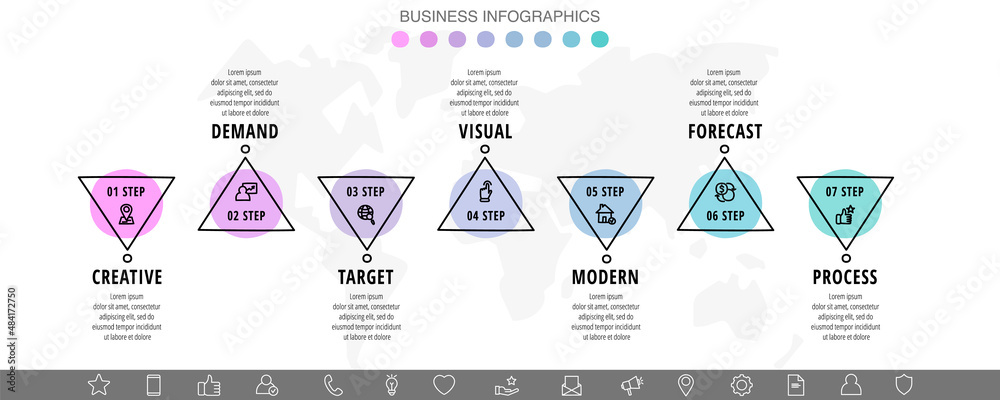 Vector hand-drawn infographics with seven circles and triangles. Modern ...