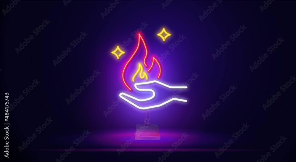 Fire on Hand Symbol neon light sign vector. Glowing bright icon Fire on ...