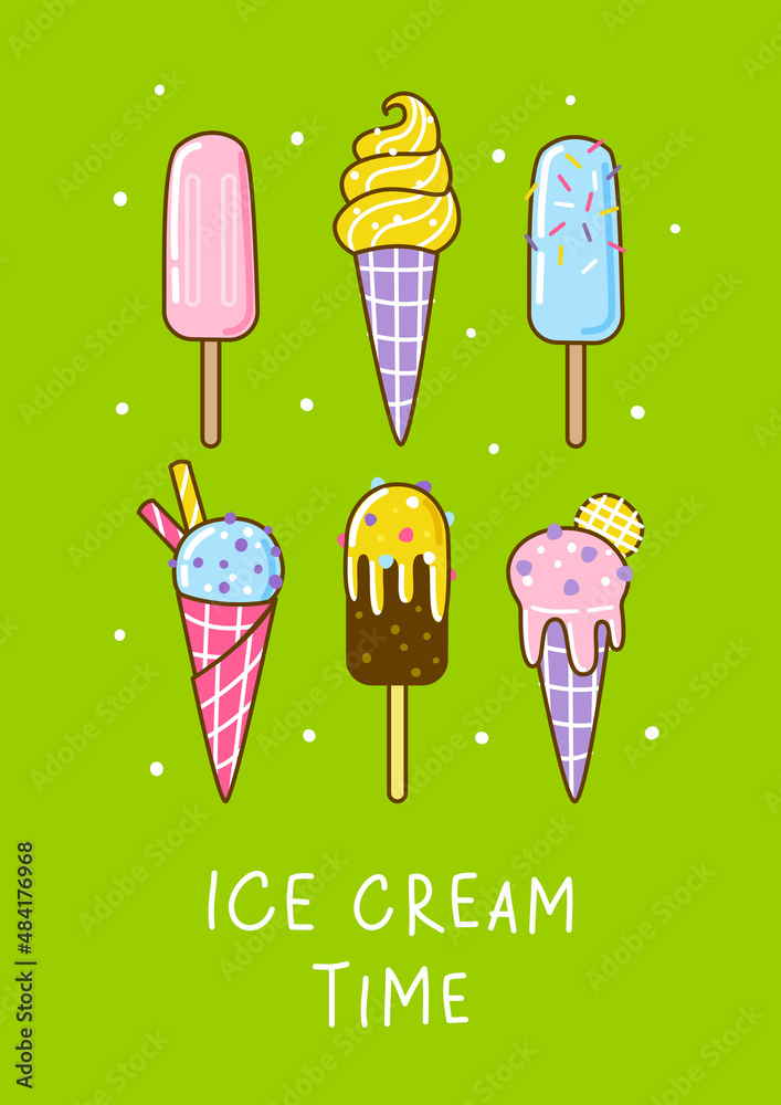 Cartoon ice cream on green background for Your sweet design Stock ...