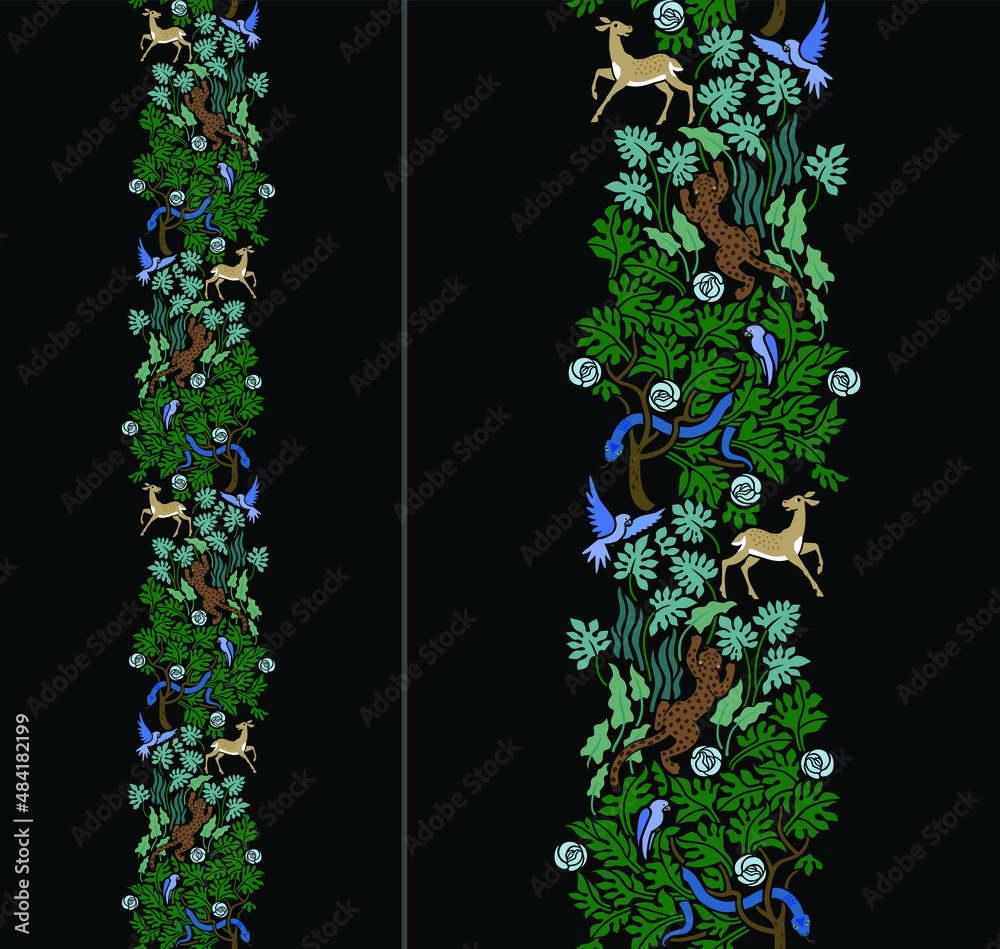 Floral border on black. Seamless pattern with panther, leopard, deer ...