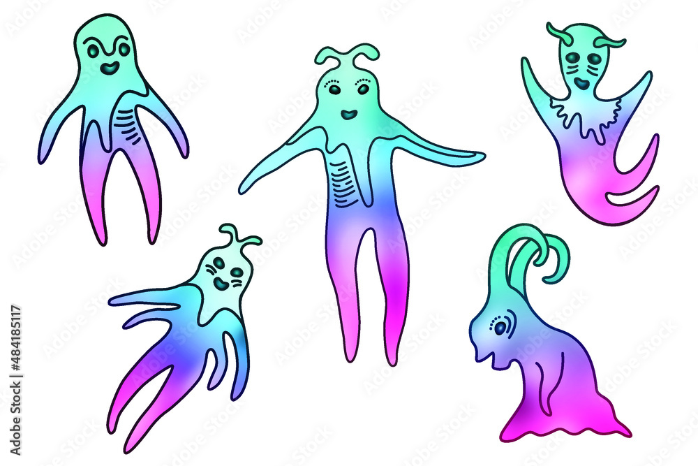 Bright alien monsters vector cartoon illustration collection. Cute ...
