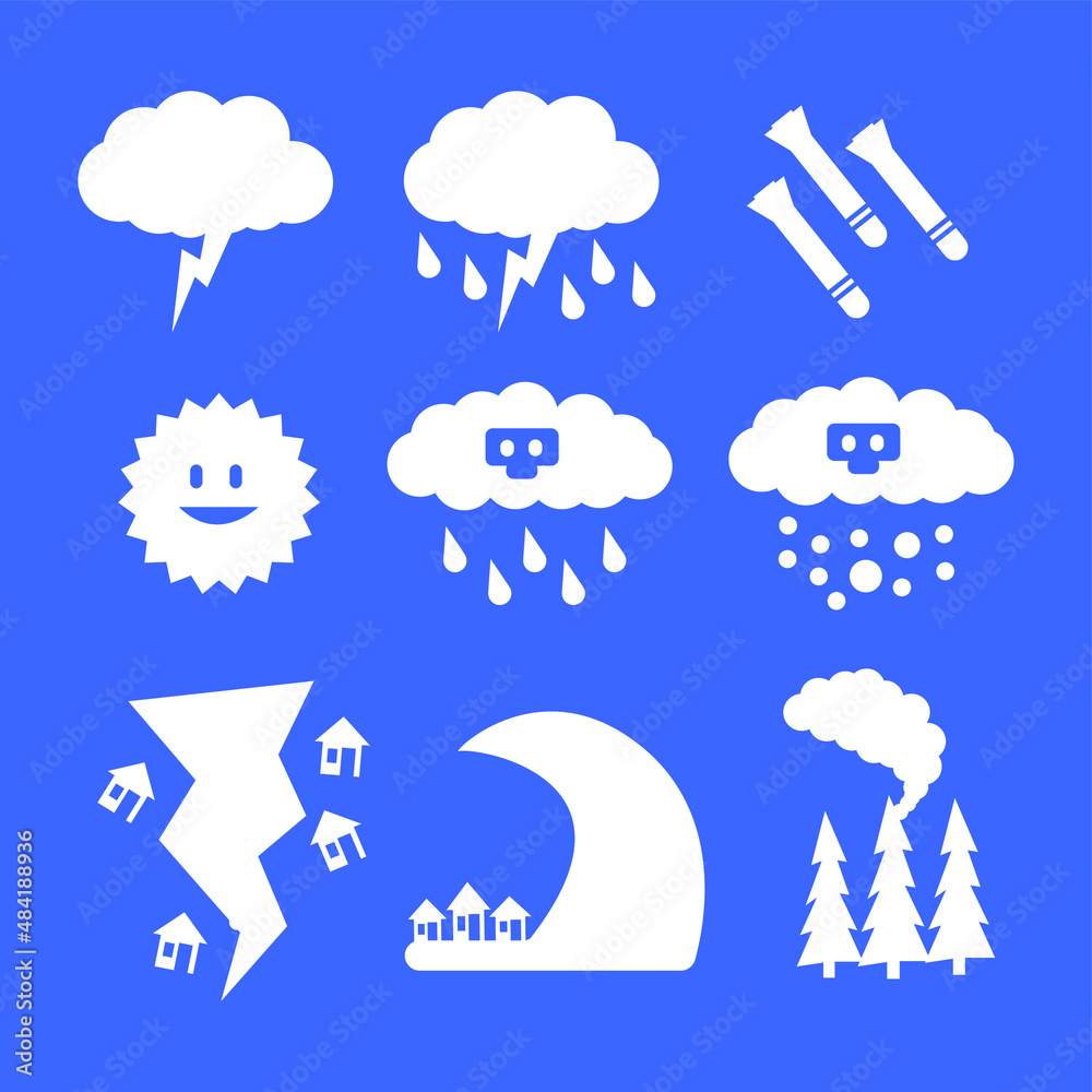 unconventional weather icons for acid rain, fire, floods, hurricanes ...