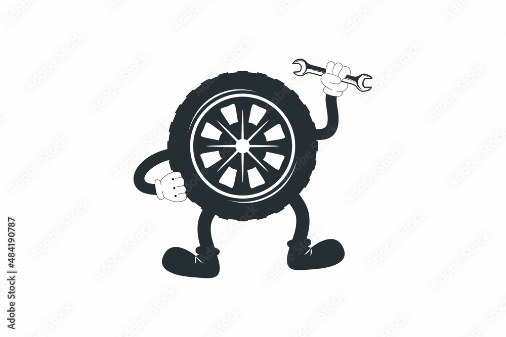 Cartoon car wheel mascot showing himself on a white background Stock ...