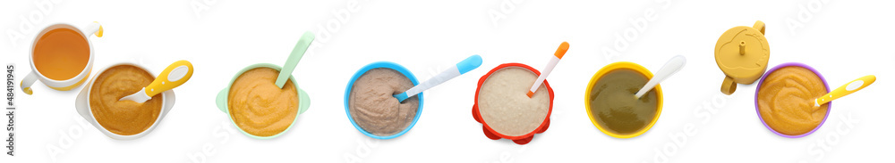Set with healthy baby food in different dishes on white background, top ...