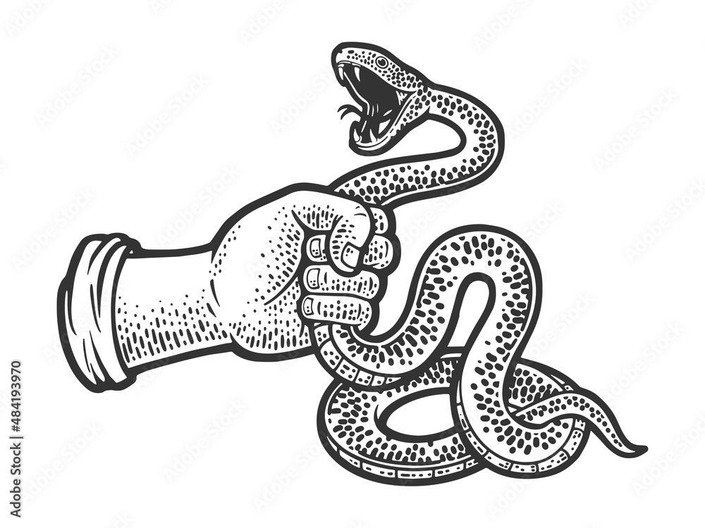 hand grabbed the attacking snake sketch engraving vector illustration ...