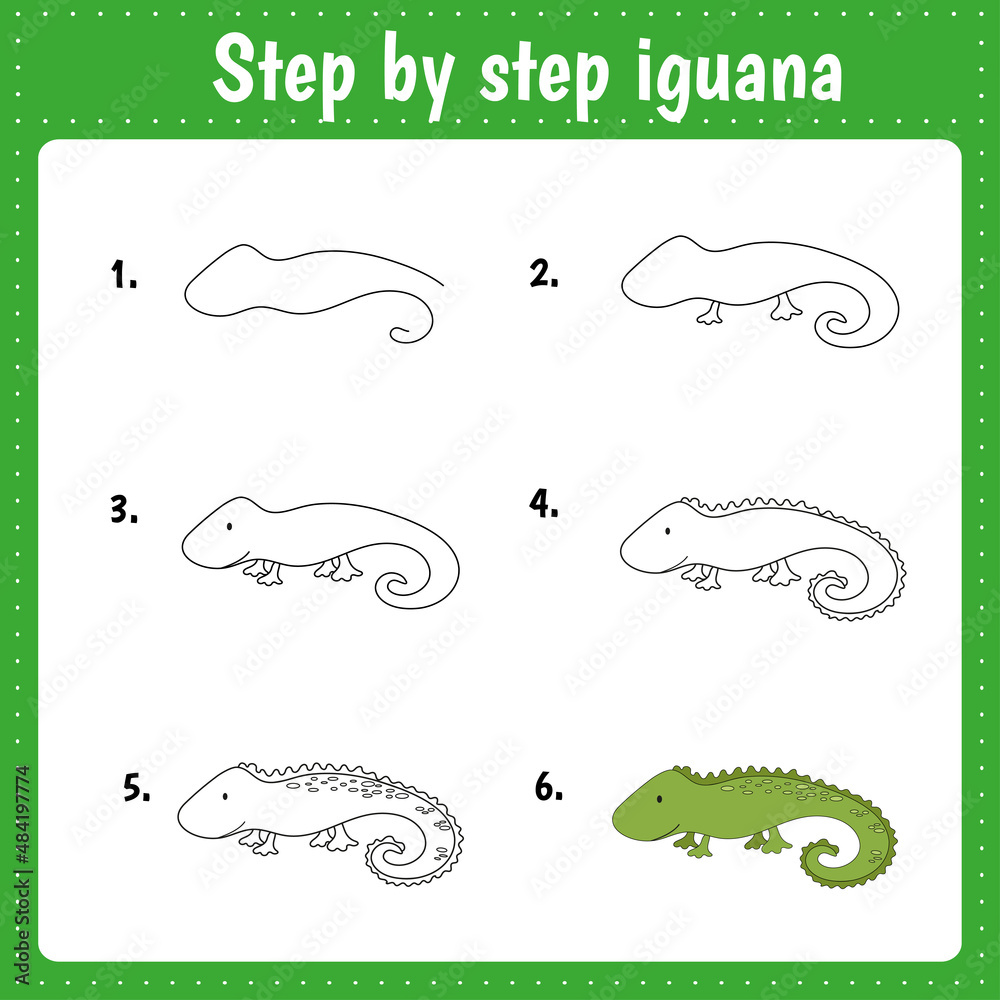 Drawing lesson for children. How draw a cartoon iguana. Drawing ...