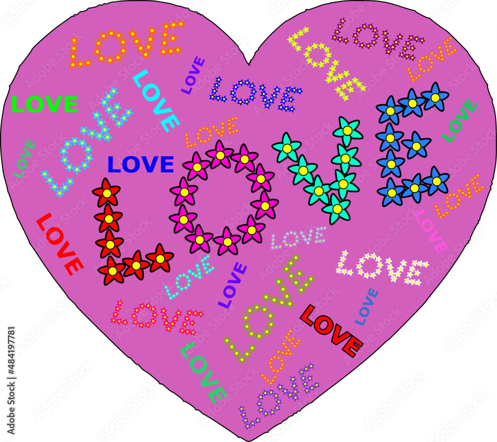 Inscription love in different colors in the heart, vector background ...