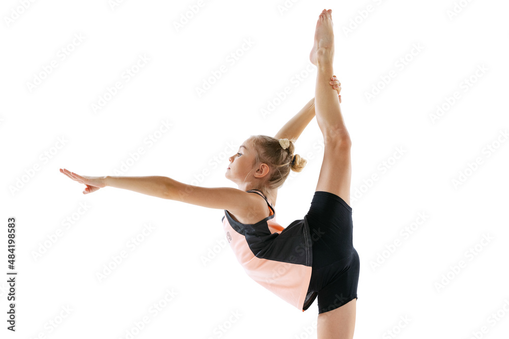 Little flexible girl, rhythmic gymnastics artist isolated on white ...