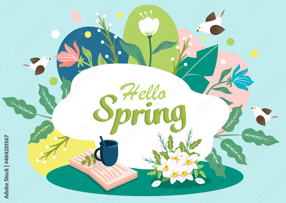 Colorful spring background with flowers, birds, a cup of tea and a book ...