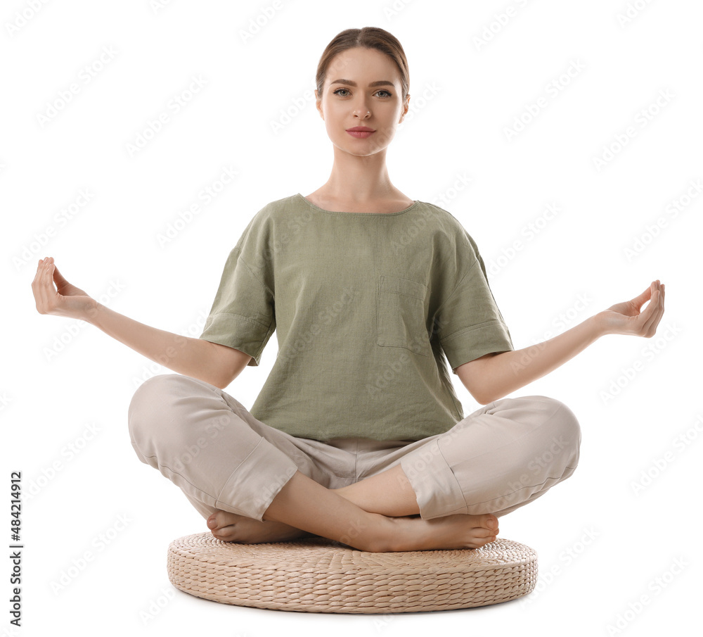 Beautiful young woman meditating on white background Stock Photo ...