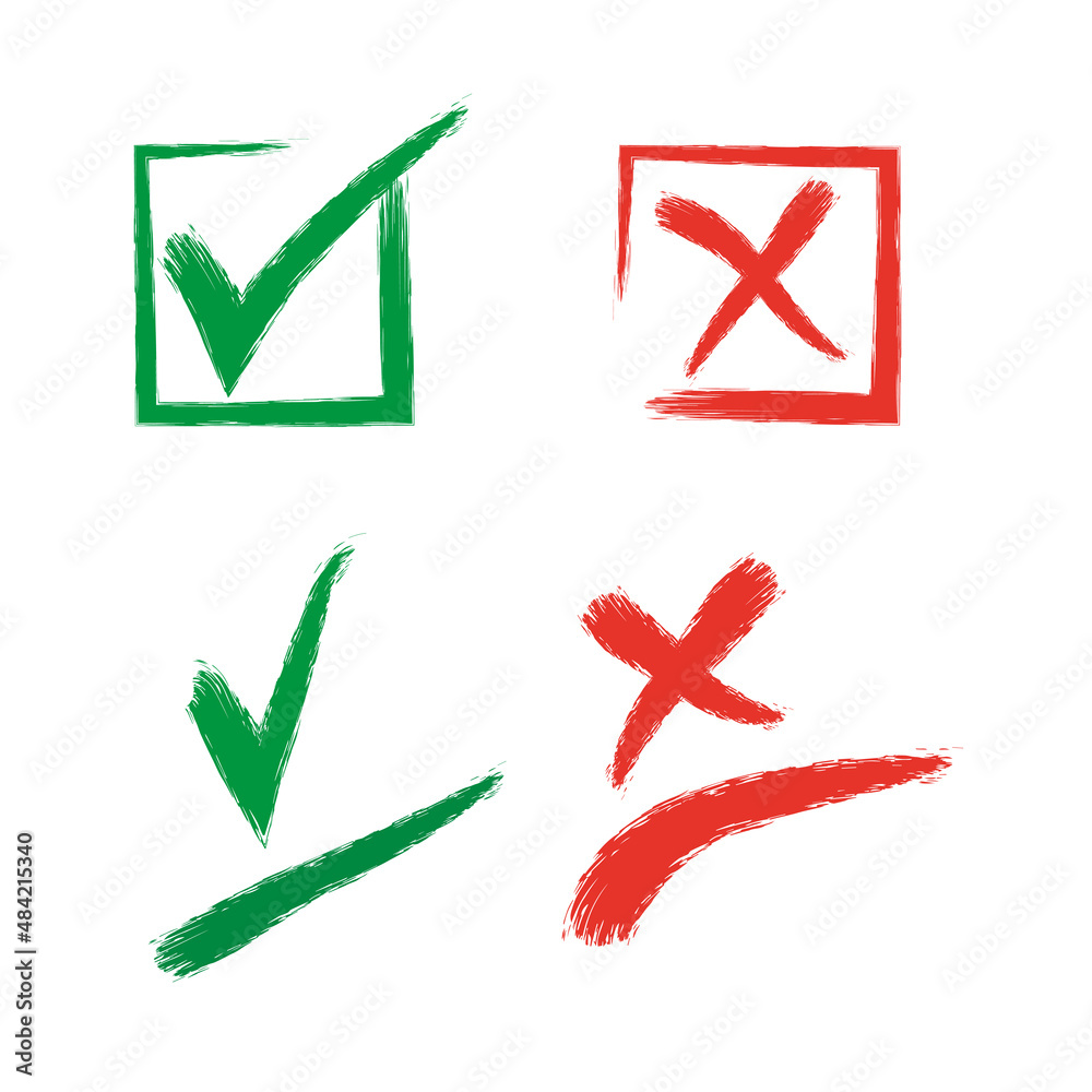 Set of check mark and cross in round, square symbol. Vote yes, no. Hand ...