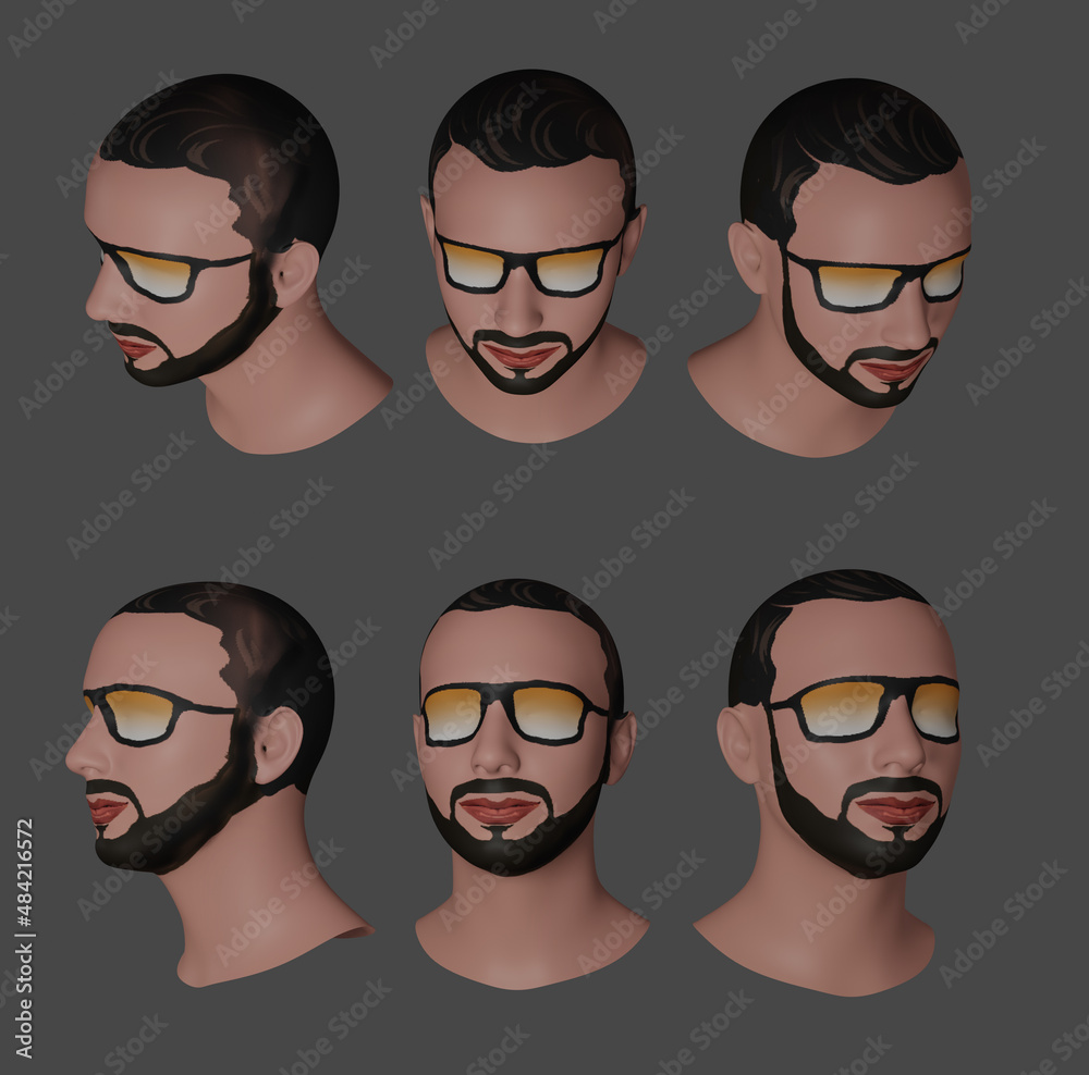 Illustrazione Stock 3d man head set render for differnet angles for vfx ...
