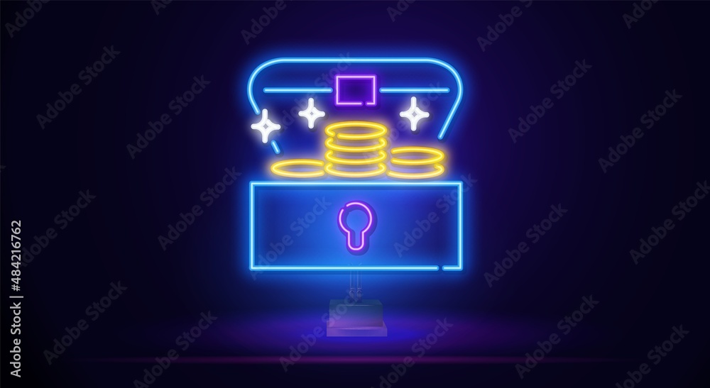 Treasure chest neon sign. Pirates and adventure design. Night bright ...