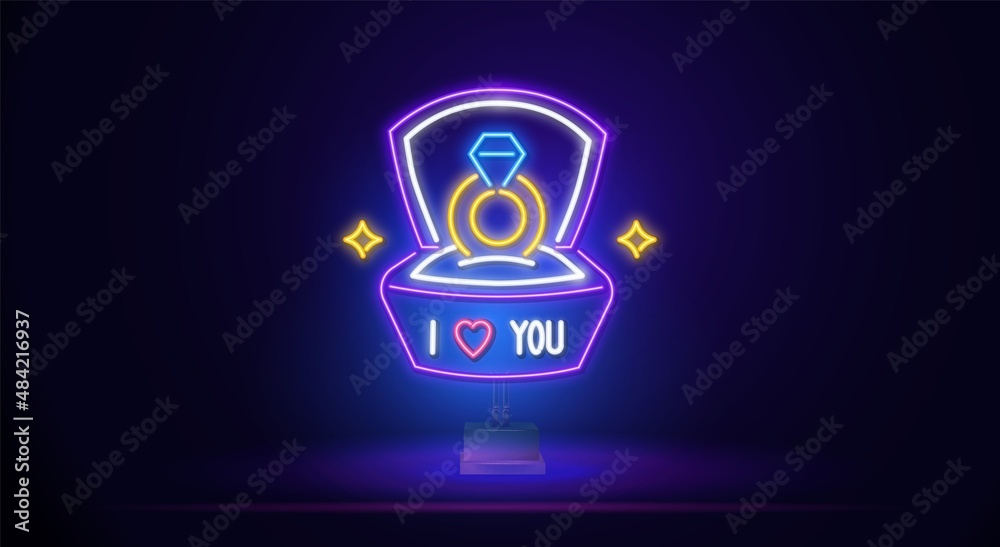 Neon sign of a ring box. Glowing neon shiny ring inside the box. Vector ...