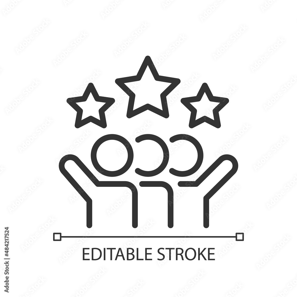 Teamwork success pixel perfect linear icon. Achievement for group ...