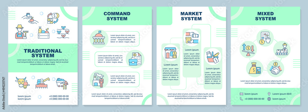 Economic system types green brochure template. Manufacturing goods ...