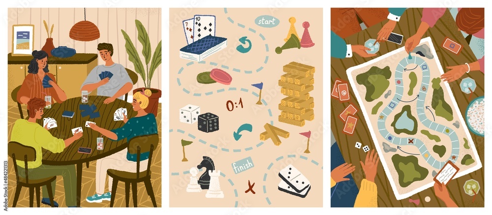 People playing board game at home. Table games concept vector posters ...